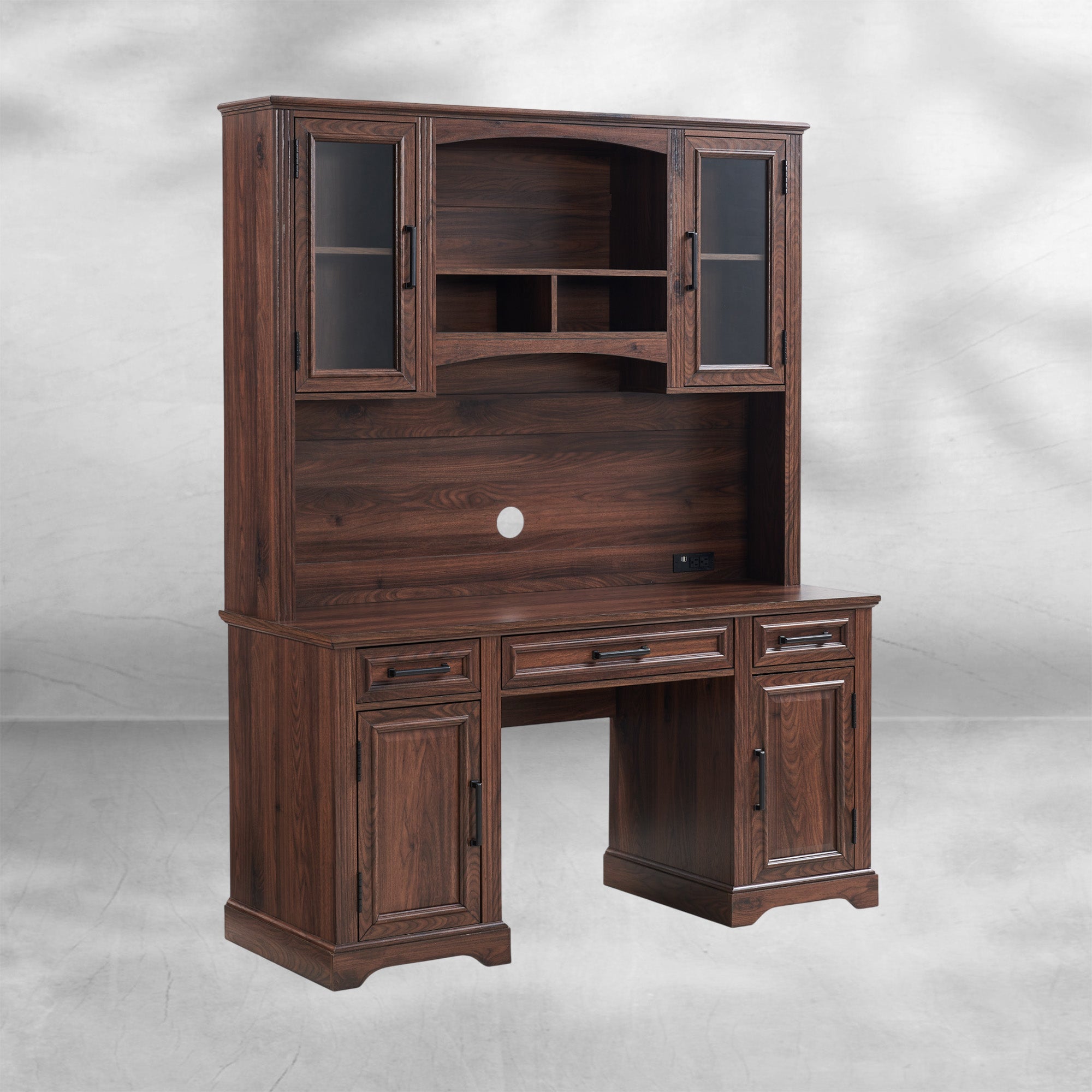 Farmhouse Computer Desk with Hutch, Charging Station and Storage 58''